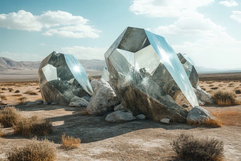 Reflective Crystal Sculptures in Desert Terrain Stock Image - Image of ...