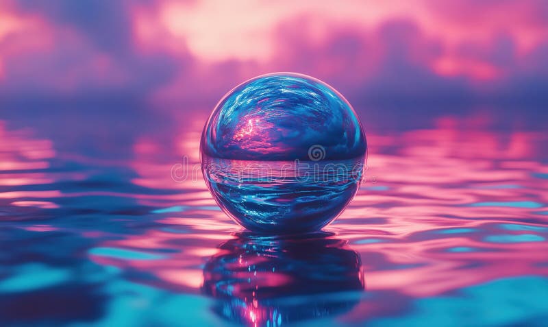 Reflective Crystal Sphere on Water Surface with Vibrant Sunset Colors ...