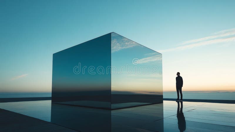 Reflective Cube with Figure at Sunset in Tranquil Landscape Stock Image ...