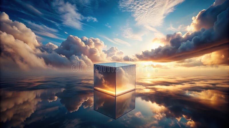 Reflective Cube on Serene Waters at Sunset, Mirroring the Heavenly ...