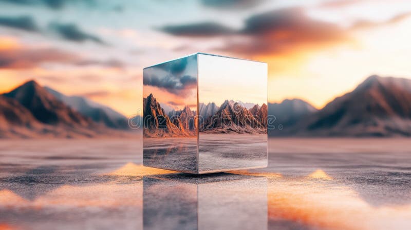 Reflective Cube Mirrors a Stunning Mountain Landscape at Sunset, AI ...
