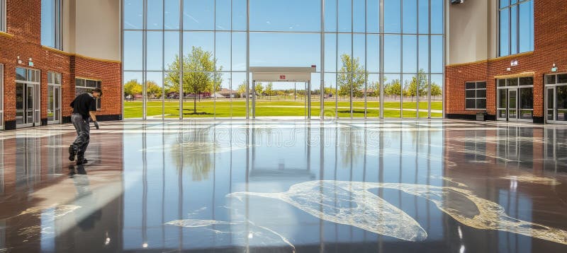 Reflective Epoxy Floor in Modern Building Lobby with Large Glass ...