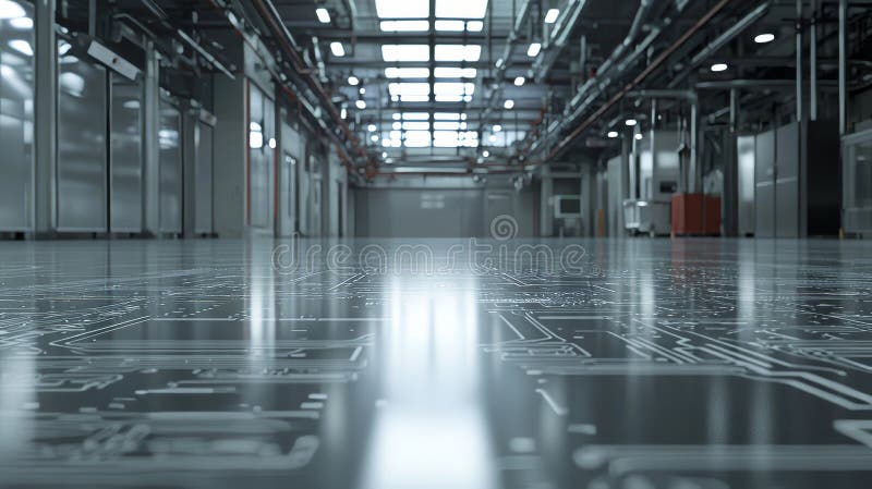 Reflective Factory Floor Adorned with Digital Circuit Patterns and Area ...