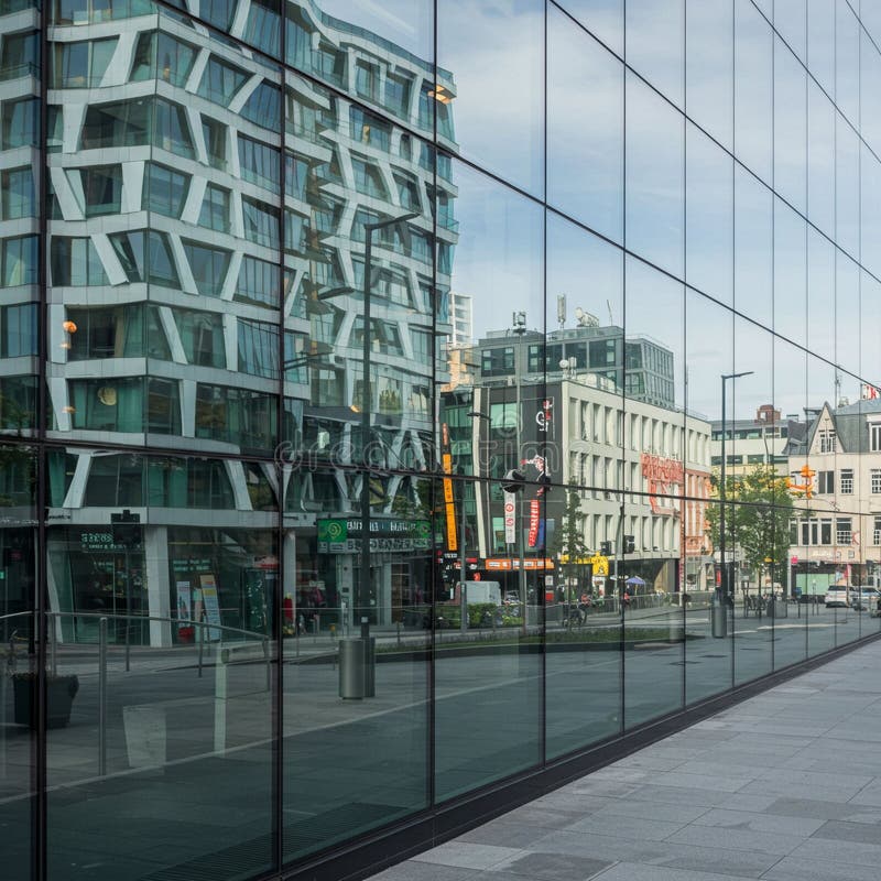 Reflective Glass Facade of a Modern Building, Showcasing a Distorted ...