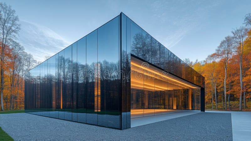 Reflective Glass Modern Building in Autumn Forest Stock Illustration ...