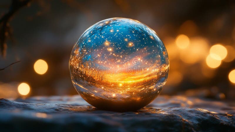 Reflective Glass Sphere with Sunset and Bokeh Lights Stock Illustration ...