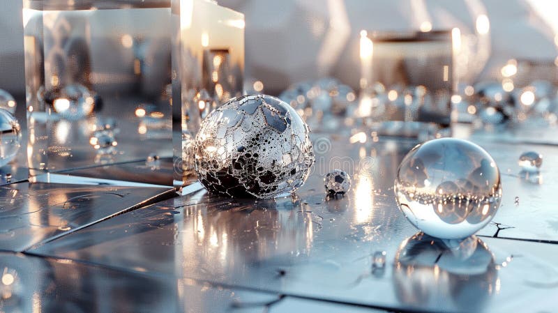 Reflective Glass Spheres and Cubes Scattered on a Wet Surface with ...