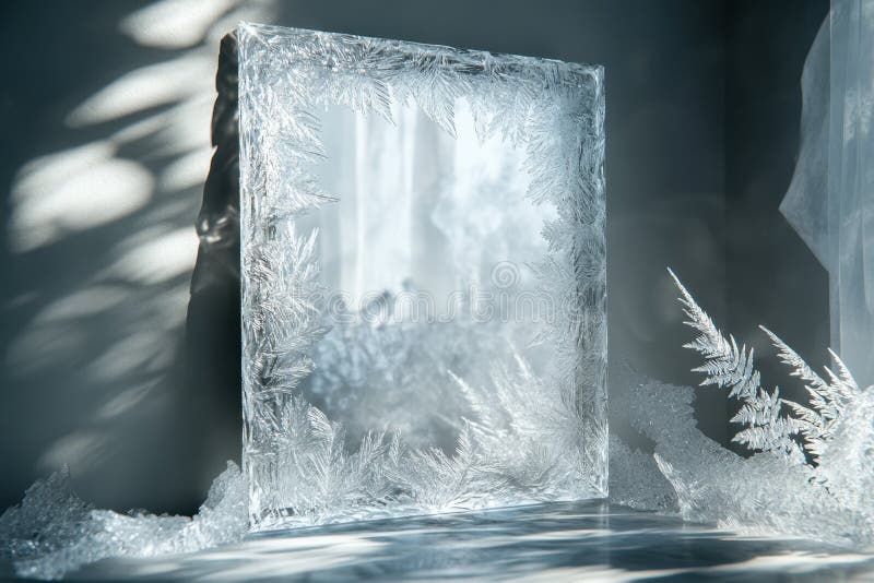 Reflective Ice Mirror Showcasing Delicate Frost Patterns, Illuminated ...