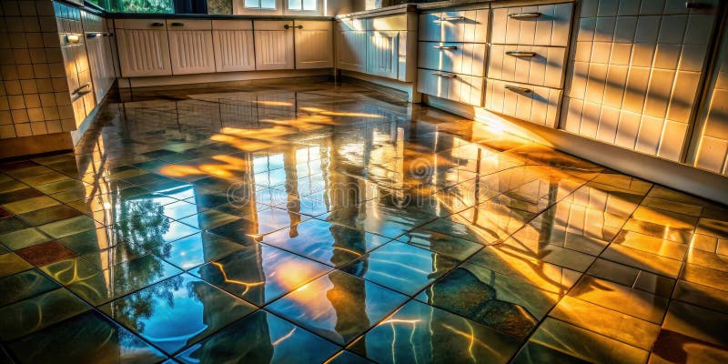 Reflective Kitchen Floor Tiles Gleaming with Sunlight Reflections ...