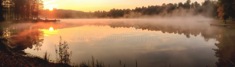 Reflective Lake with a Hazy Sunrise in the Banner Background ...