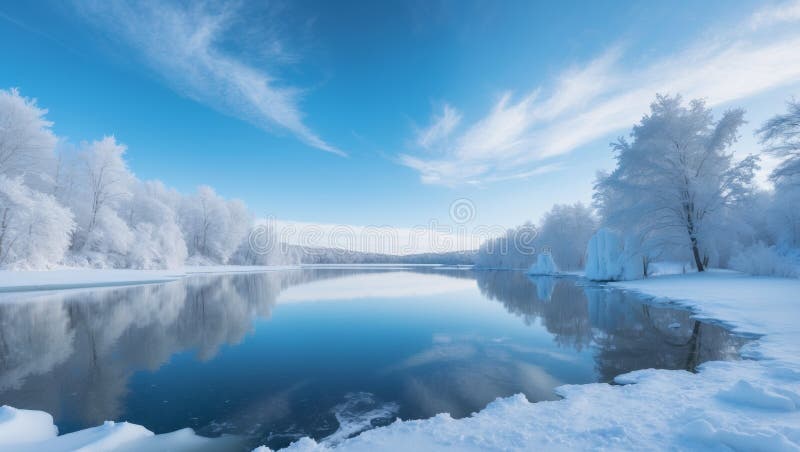 Reflective Lake Surrounded by Ice and Snow Under Blue Sky Stock Photo ...