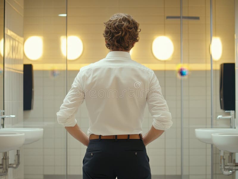 Reflective Man Standing in Bright Restroom Stock Illustration ...