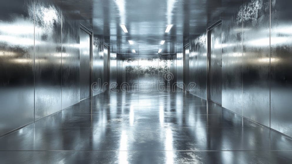 Reflective Metal Corridor with Doors and Lights Stock Illustration ...