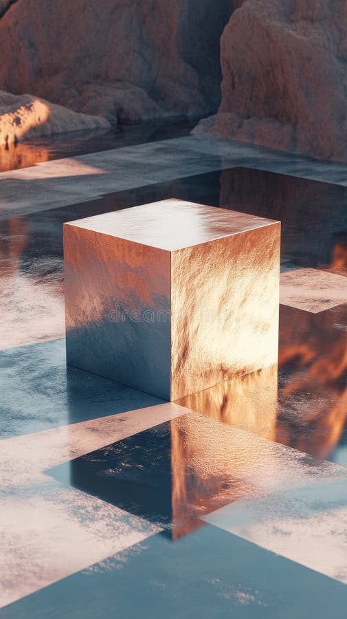 Reflective Metallic Cube on Calm Water Surface with Nature Background ...