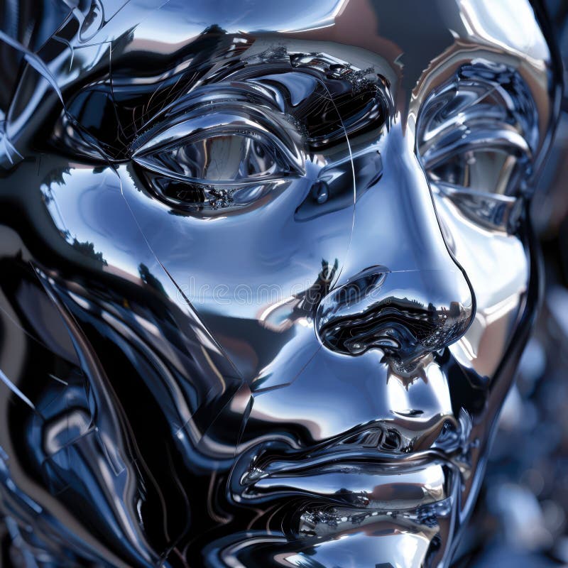 Reflective Metallic Face Sculpture Displayed Outdoors in a Gallery ...