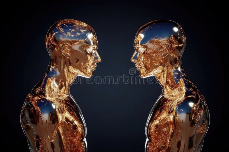 Reflective Metallic Human Figures Facing Each Other in Artistic ...