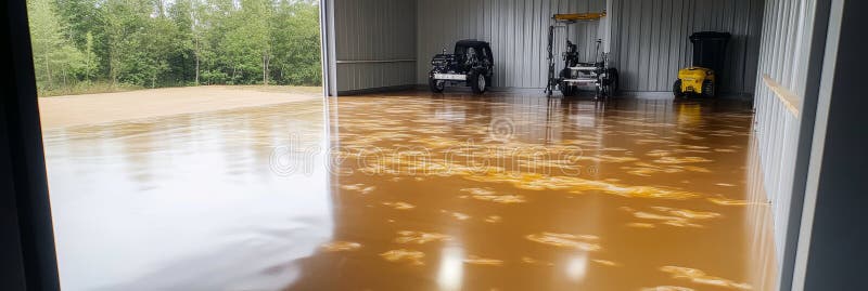Reflective Metallic Orange Epoxy Flooring in Modern Garage Workshop ...