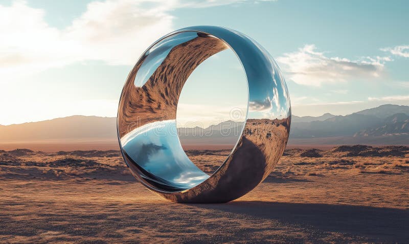 Reflective Metallic Sculpture in Desert Landscape, Large Circular Form ...