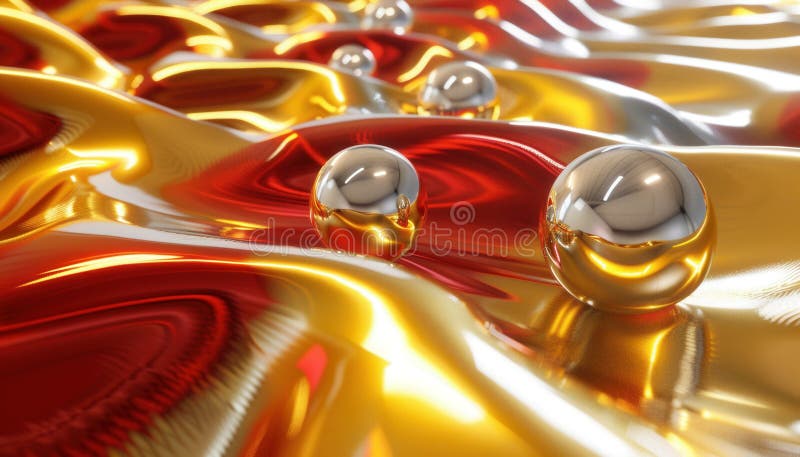 Reflective Metallic Spheres on Vibrant Red and Gold Rippled Surface in ...