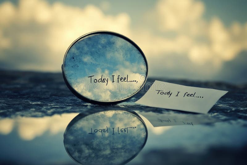 Reflective Mirror Displaying Clouds and Handwritten Note with Emotional ...