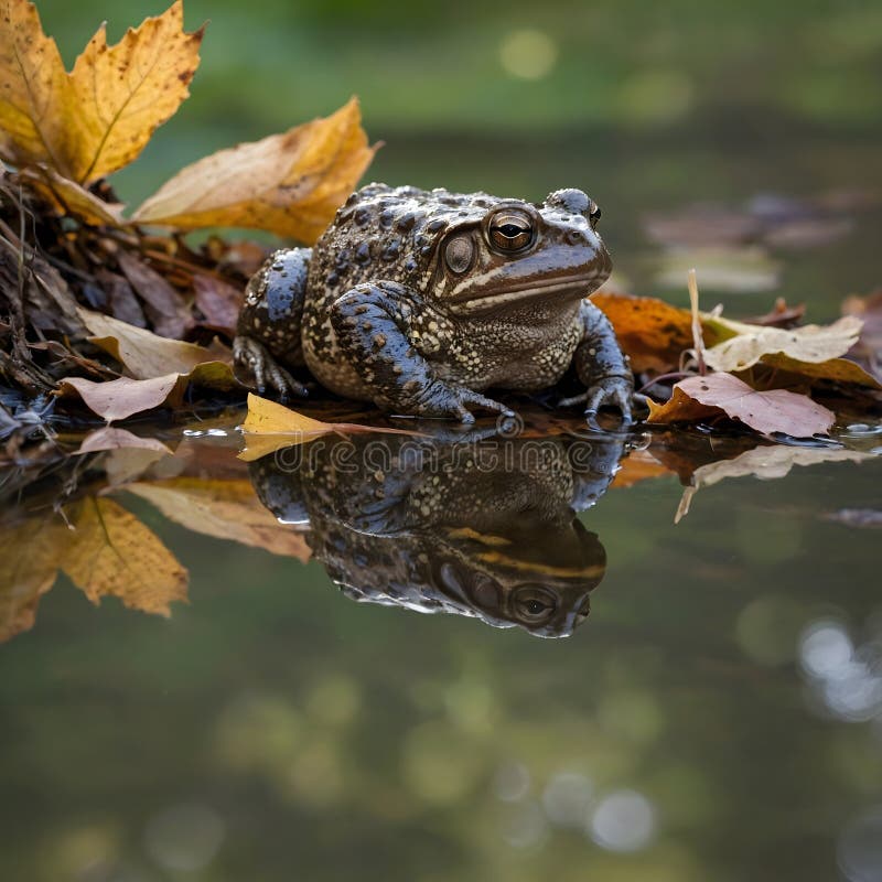 Reflective Moment: Common Toad by Still Lake with Vibrant Autumn ...