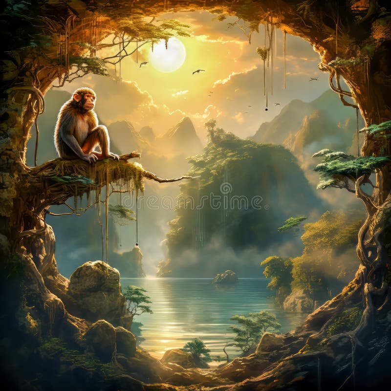 Reflective Monkey in the Wild. Generated Image. Stock Illustration ...