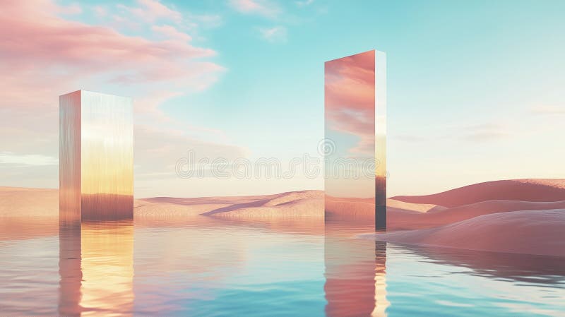 Reflective Monoliths Stand in a Serene Desert Landscape with Shallow ...