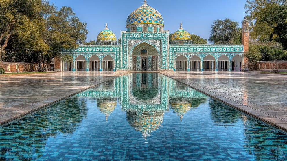 Reflective Mosque: Turquoise Domes & Pool Stock Image - Image of facade ...