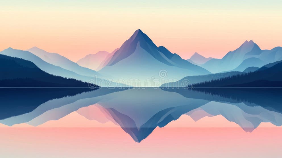 Reflective Mountain Lake at Sunrise Stock Illustration - Illustration ...