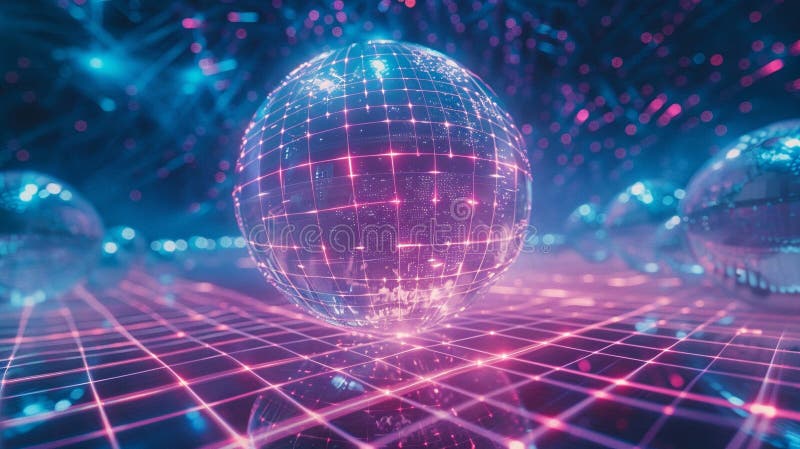 Reflective Neon Sphere on Digital Grid 3d Rendering Image, Ai Generated ...