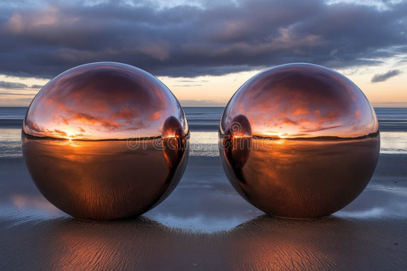 Reflective Orbs Placed on a Beach Covered in Sand at Sundown Generate a ...