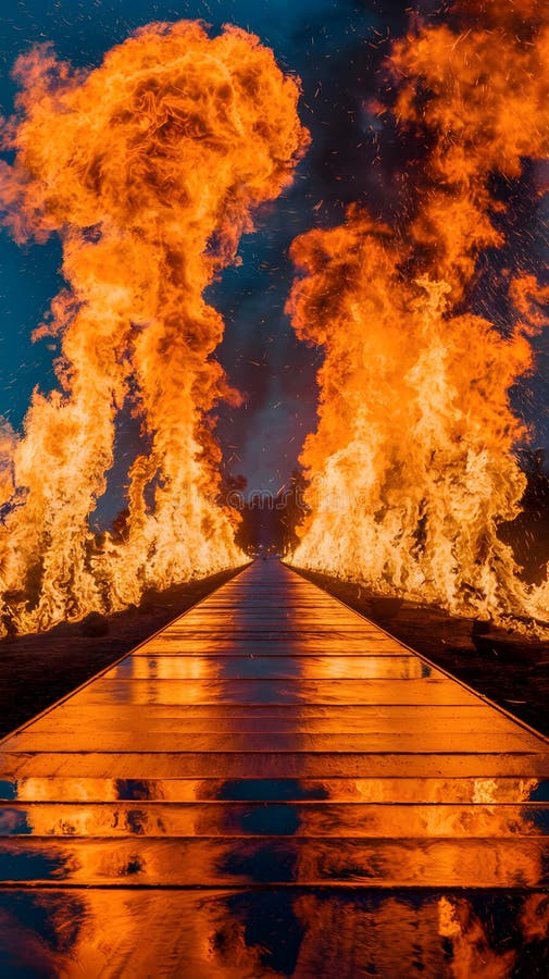 Reflective Path Flanked by Flames Stretches Dynamically Toward Glowing ...