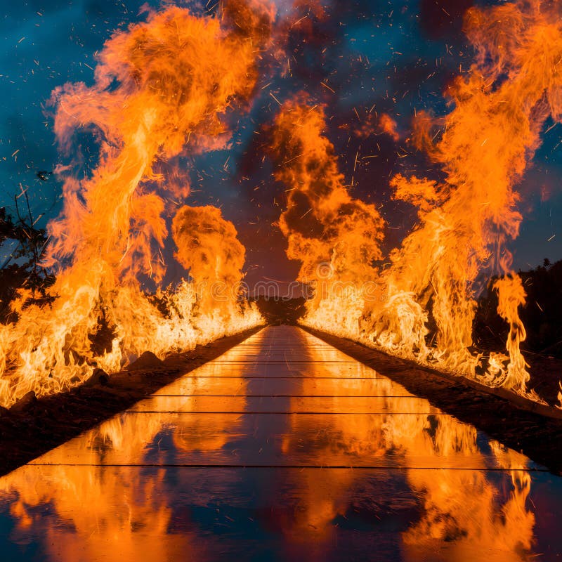 Reflective Path Flanked by Flames Stretches Dynamically Toward Glowing ...