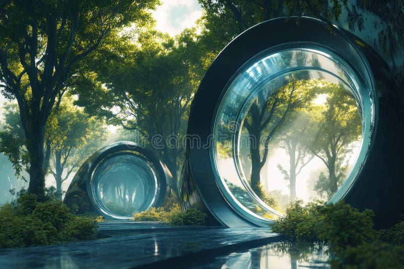 Reflective Pathways through a Futuristic Forest Setting with Trees and ...