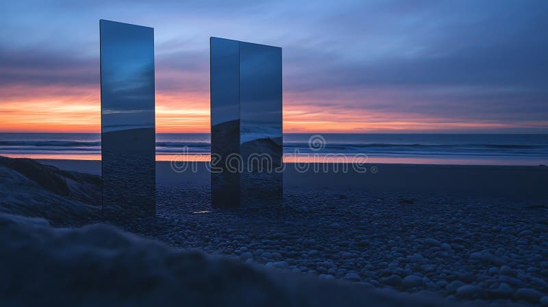 Reflective Pillars on the Beach at Sunset Generated Using AI. Stock ...