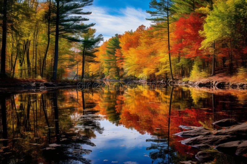 Reflective Pond with Vibrant Fall Colors Stock Illustration ...