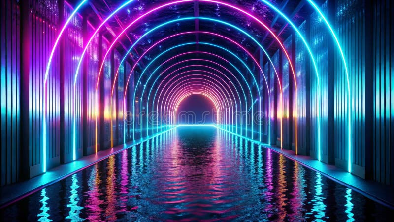 Reflective Pool Illuminated by Vibrant Neon Arcs in a Futuristic ...