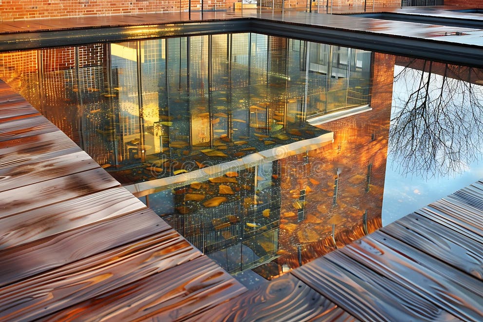 Reflective Pool and Wooden Deck Architectural Design Stock Illustration ...