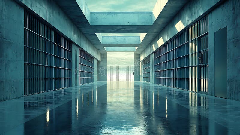 Reflective Prison Corridor Concrete Architecture and Steel Bars Stock ...
