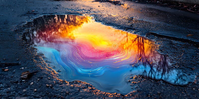 A Reflective Puddle with Colorful Sky and Tree Reflections on a Dark ...