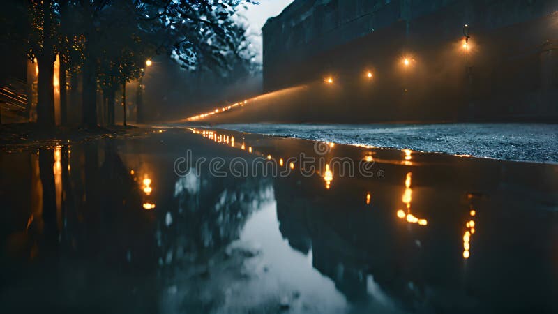 Reflective Puddle in Front of Building at Night, Capturing Vibrant ...