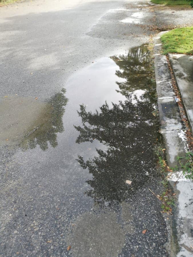 Reflective Puddle with Stagnant Water on the Roadside after the Rain ...
