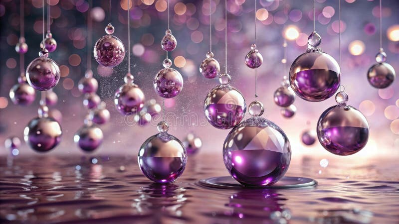 Reflective Purple Ornaments Suspended Above a Shimmering Surface ...