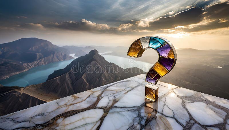 A Reflective Question Mark Sculpture Stands on a Marble Surface Against ...