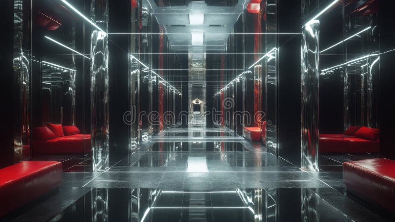 Reflective Red and Black Corridor with Modern Lighting Stock ...