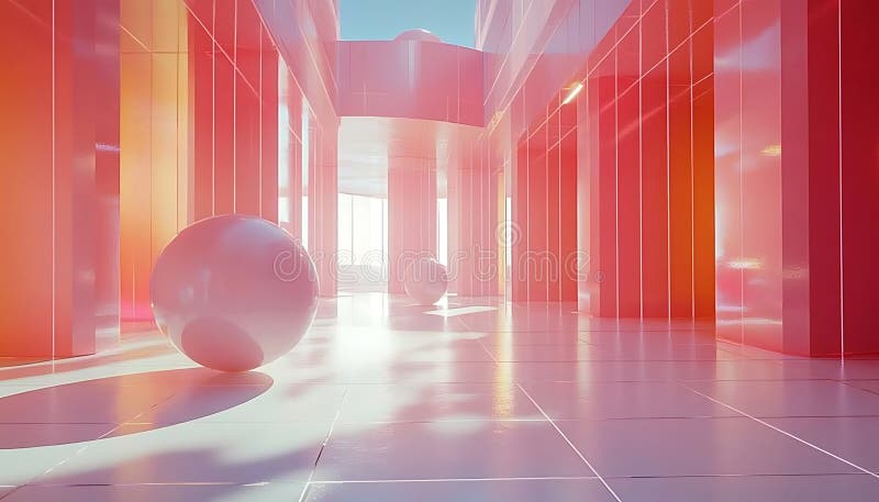A Reflective Room Featuring Two Spheres and a Vibrant Pink Glow Stock ...