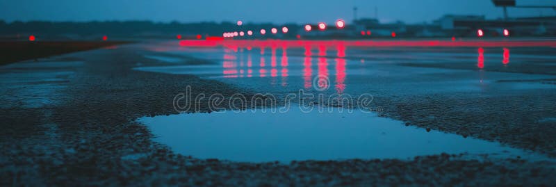 Reflective Runway Illuminated by Lights and Rain Puddles Under a Cloudy ...