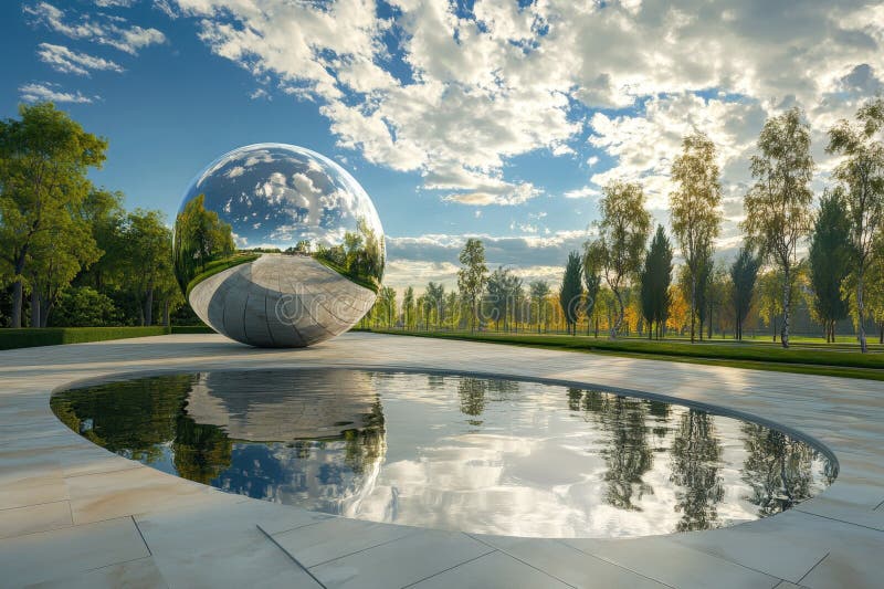 Reflective Sculpture and Tranquil Water Create Serene Atmosphere in ...