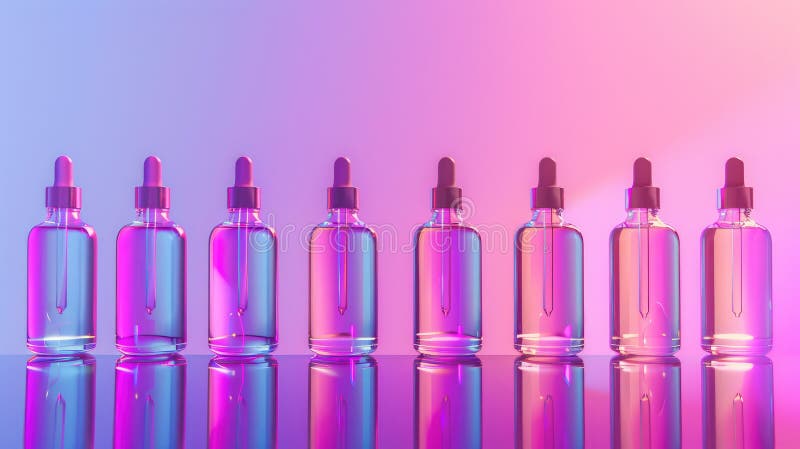 Array of Dropper Bottles on Reflective Surface with Cool Tone Gradient ...