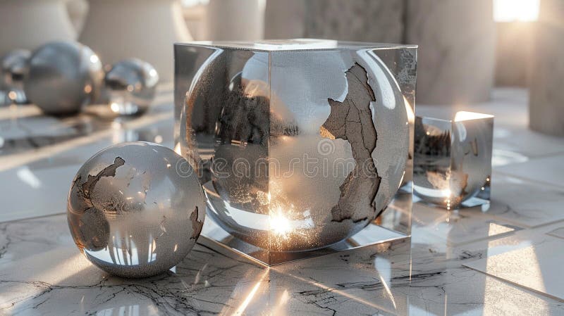 Reflective Metallic Spheres and Cubes on Marble Surface Illuminated by ...
